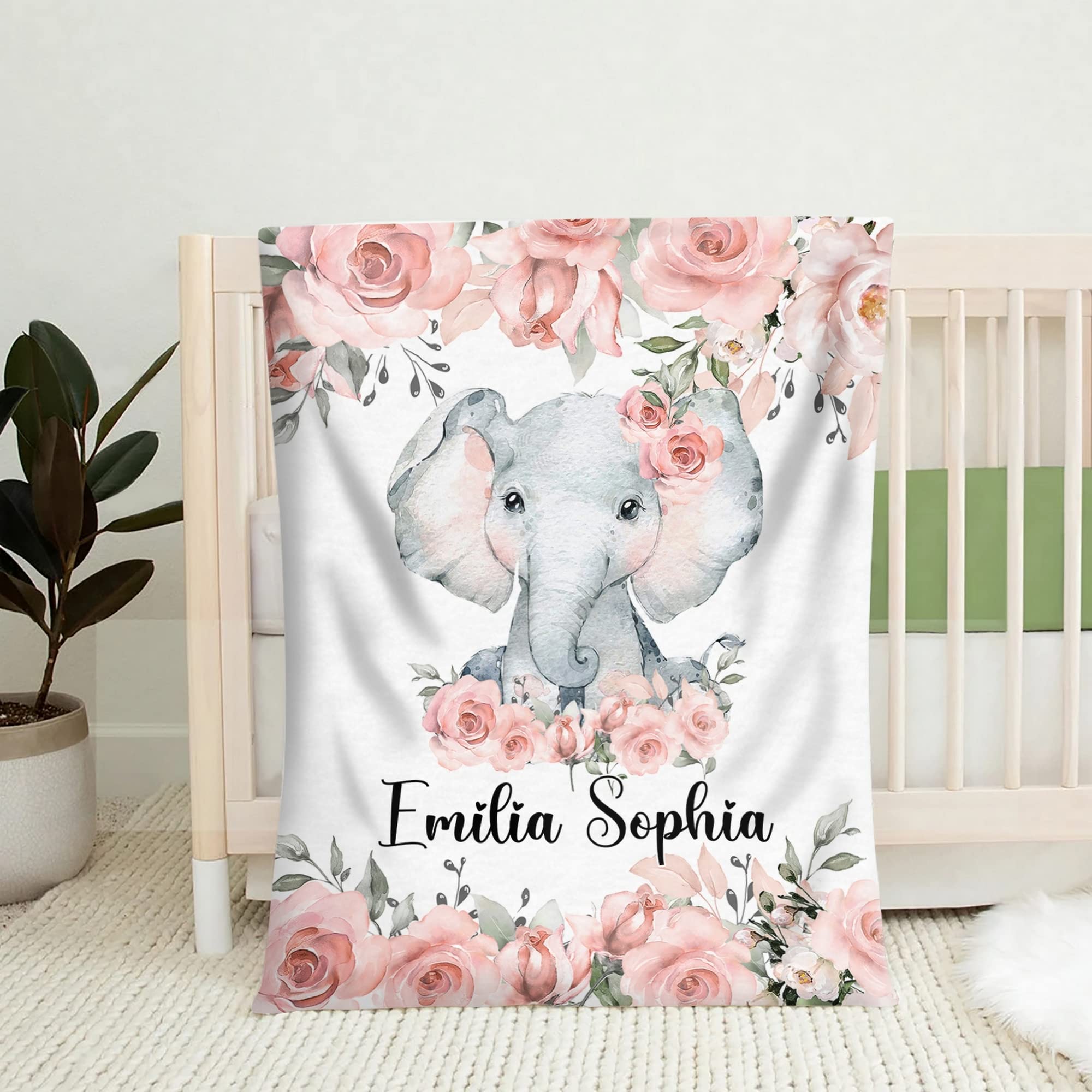 NAZENTI Personalized Baby Girl Blanket - Safari Elephant Baby Blanket, Custom Baby Blanket with Name, Purple Floral Baby Blanket, Swaddle Blanket (30x40, 40x50, 50x60 Inch)