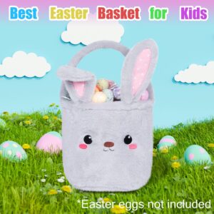 Bunny Easter Basket for Kids, Cute Plush Empty Bucket with Foldable Ears and Handle Egg Hunt Tote Candy Bag Basket for Boy Girl Teens Gift, Easter Basket Decor Grey 9×9 Inch