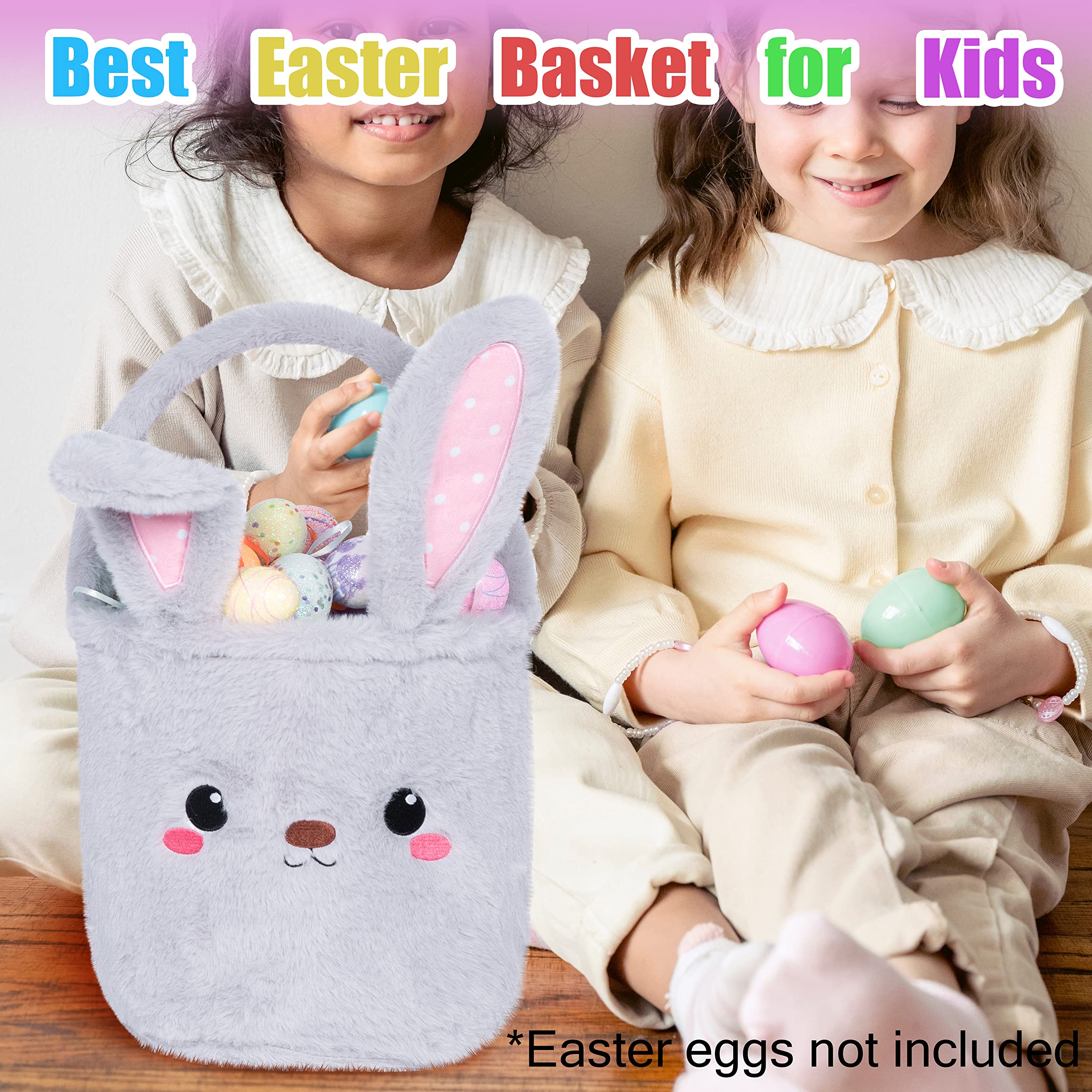 Bunny Easter Basket for Kids, Cute Plush Empty Bucket with Foldable Ears and Handle Egg Hunt Tote Candy Bag Basket for Boy Girl Teens Gift, Easter Basket Decor Grey 9×9 Inch