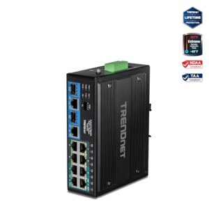 TRENDnet 10-Port Hardened Industrial Unmanaged Gigabit PoE ++ DIN-Rail Switch, 4 Gigabit PoE++ Ports, 4 Gigabit PoE+, 2 Gigabit Share Ports SFP or RJ-45, 360W Power Budget, Black, TI-BG104