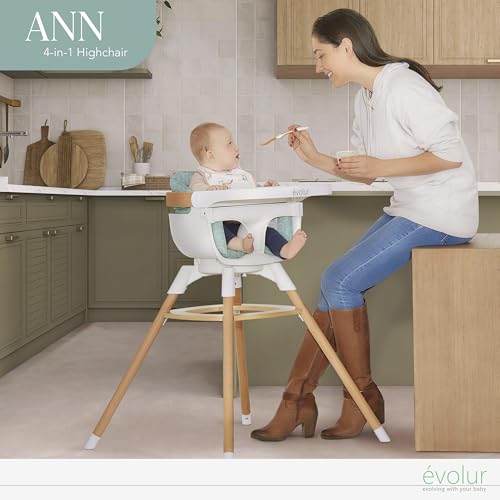 Evolur Ann Beechwood 4-in-1 Highchair | 360 Seat Rotation | Booster seat | Floor Chair | Bar Stool Chair | 5 Point Safety Harness | Blue