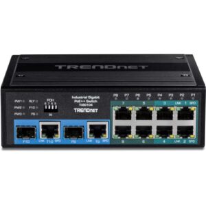 TRENDnet 10-Port Hardened Industrial Unmanaged Gigabit PoE ++ DIN-Rail Switch, 4 Gigabit PoE++ Ports, 4 Gigabit PoE+, 2 Gigabit Share Ports SFP or RJ-45, 360W Power Budget, Black, TI-BG104