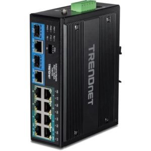 trendnet 10-port hardened industrial unmanaged gigabit poe ++ din-rail switch, 4 gigabit poe++ ports, 4 gigabit poe+, 2 gigabit share ports sfp or rj-45, 360w power budget, black, ti-bg104