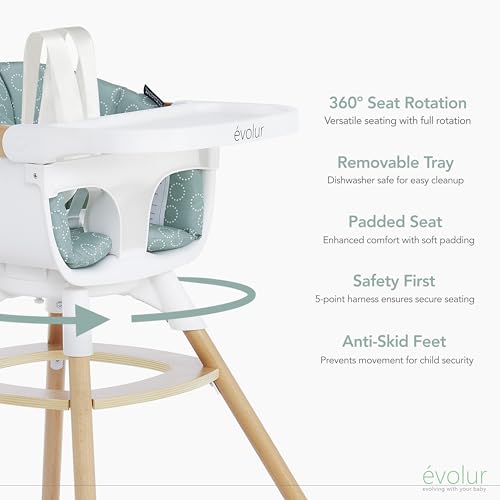 Evolur Ann Beechwood 4-in-1 Highchair | 360 Seat Rotation | Booster seat | Floor Chair | Bar Stool Chair | 5 Point Safety Harness | Blue