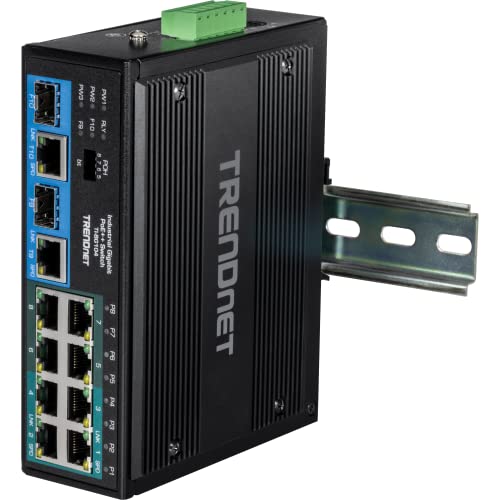 TRENDnet 10-Port Hardened Industrial Unmanaged Gigabit PoE ++ DIN-Rail Switch, 4 Gigabit PoE++ Ports, 4 Gigabit PoE+, 2 Gigabit Share Ports SFP or RJ-45, 360W Power Budget, Black, TI-BG104