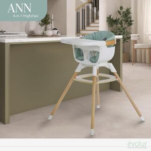 Evolur Ann Beechwood 4-in-1 Highchair | 360 Seat Rotation | Booster seat | Floor Chair | Bar Stool Chair | 5 Point Safety Harness | Blue