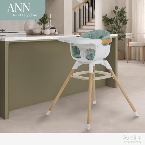 Evolur Ann Beechwood 4-in-1 Highchair | 360 Seat Rotation | Booster seat | Floor Chair | Bar Stool Chair | 5 Point Safety Harness | Blue