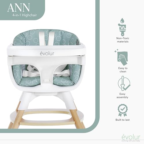 Evolur Ann Beechwood 4-in-1 Highchair | 360 Seat Rotation | Booster seat | Floor Chair | Bar Stool Chair | 5 Point Safety Harness | Blue