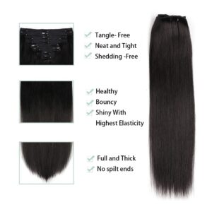 Straight Clip in Hair Extensions for Black Women Clip in Hair Extensions Real Human Hair,8pcs Per Set with 18Clips Double Lace Weft,120Gram,100% Real Soft Human Hair Natural Black (16Inch, #1B)