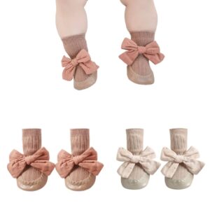 watoche baby girl socks look like shoe toddler ant-slip socks with grips baby long socks with cute bows floor shoes socks(coffee+kaqi bow,0-6m)