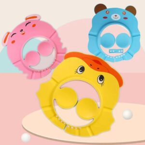 Anller 3 Pieces Baby Shower Cap, Soft Adjustable Bath Shampoo Cap with Ear Protection, Funny Cartoon Bathing cap for Children, Kids and Toddlers(Pink+Blue+Yellow)