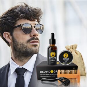 HALICOL Beard Growth Kit - Beard Kit Gifts Set with 0.25mm Beard Roller, Beard Growth Serum Oil, Beard Balm and Comb, Help Beard and Hair Growth - Gifts for Men Dad Him Boyfriend Husband Brother