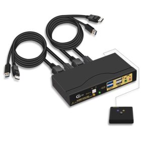 cklau 2 port usb 3.0 displayport kvm switch dp 1.4 for 2 computers support 4k@144hz, 8k@30hz with audio and cables supports keyboard mouse switching