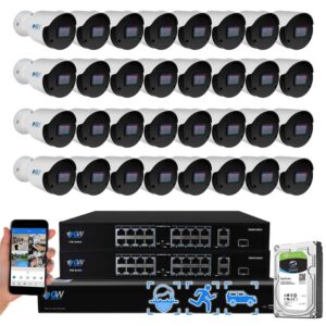 gw 4k outdoor/indoor face recognition/human/vehicle detection security camera system, 32 channel 8mp poe nvr, 32 x 4k ultrahd smart ai ip microphone bullet camera, 24-7 video & audio recording