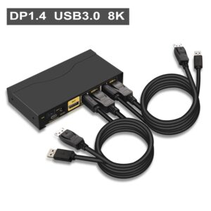 CKLau 2 Port USB 3.0 Displayport KVM Switch DP 1.4 for 2 Computers Support 4K@144Hz, 8K@30Hz with Audio and Cables Supports Keyboard Mouse Switching