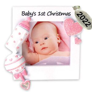 twisted anchor trading company baby girl frame ornament for babys first christmas ornament 2022 pink - can be personalized at home - comes in a pretty organza gift bag