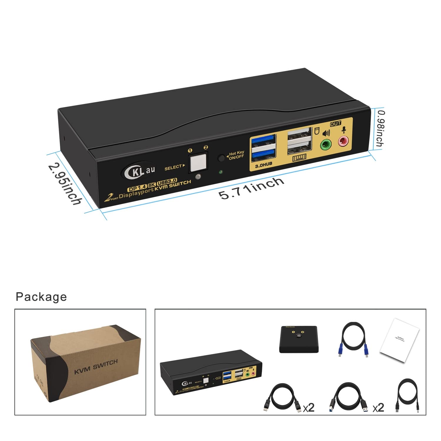 CKLau 2 Port USB 3.0 Displayport KVM Switch DP 1.4 for 2 Computers Support 4K@144Hz, 8K@30Hz with Audio and Cables Supports Keyboard Mouse Switching