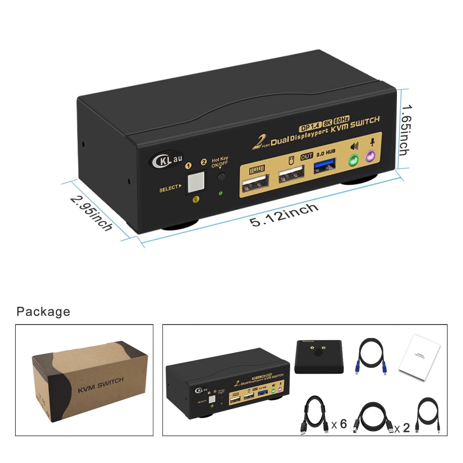 CKLau 2 Port USB 3.0 Dual Monitor KVM Switch Displayport 1.4 8K@30Hz 4K@144Hz, Display Port KVM Switch 2 Monitors with Audio, All Input and Output Cables Supports Hotkey Function