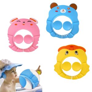 anller 3 pieces baby shower cap, soft adjustable bath shampoo cap with ear protection, funny cartoon bathing cap for children, kids and toddlers(pink+blue+yellow)