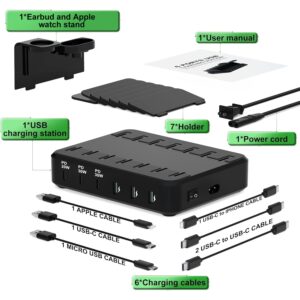 TYCRALI Charging Station for Multiple Devices Apple - 100W 6 Port Charger Station with 3 PD USB C Fast Port, Phone and Watch Charging Stand for iPhone iPad Samsung (Watch Charger NOT Included)