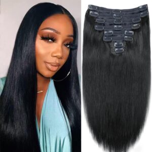 straight clip in hair extensions for black women clip in hair extensions real human hair,8pcs per set with 18clips double lace weft,120gram,100% real soft human hair natural black (16inch, #1b)