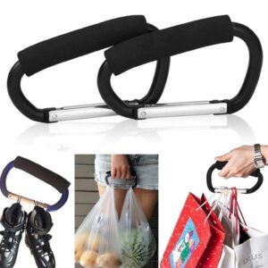 2 packs large stroller hooks, aluminum grocery bag handle organizer hook or diaper bags holder- black