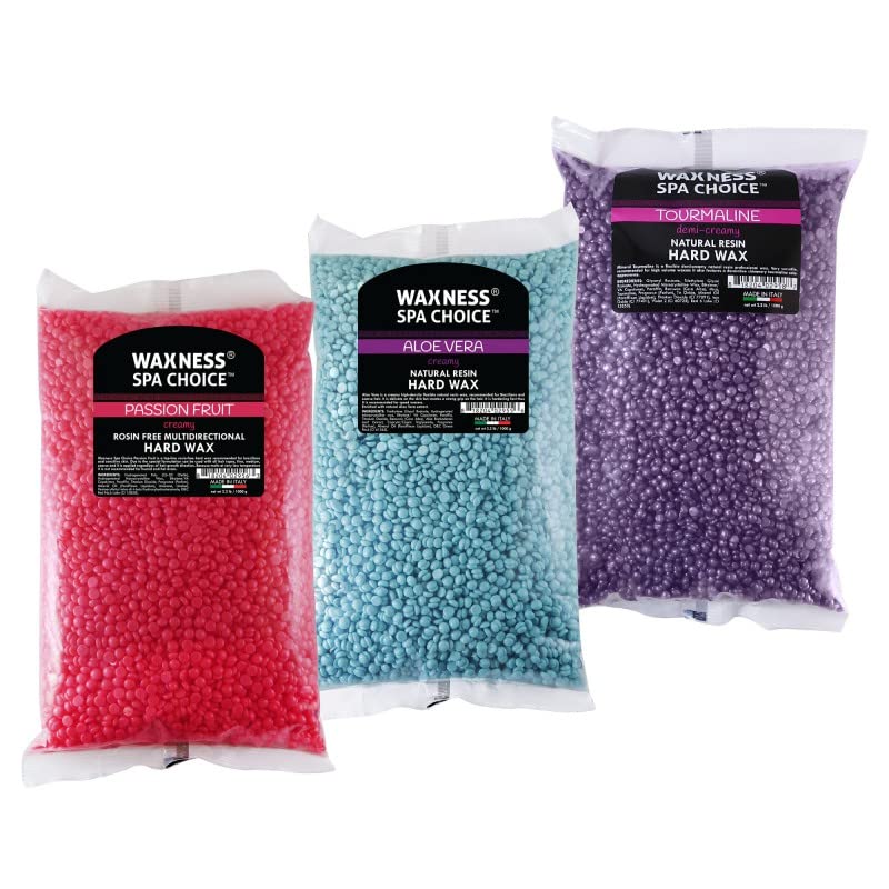 Waxness Spa Choice Assorted Hard Wax Beads 2.2 lb / 1 kg Pack of 3 - Tourmaline, Aloe Vera, Passion Fruit