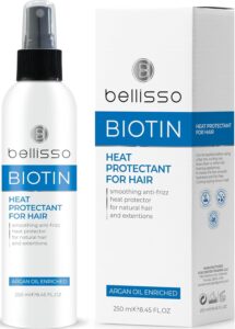 biotin heat protection hair spray with moroccan argan oil - thermal resistant styling products for women - frizzy, black and curly hair - anti frizz, leave in conditioner - flat iron and blow dry