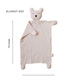 Marlowe & Co Organic Cotton Muslin Bear Lovey Blanket, Organic Cotton Muslin Bear Security Blanket (Natural Sand)