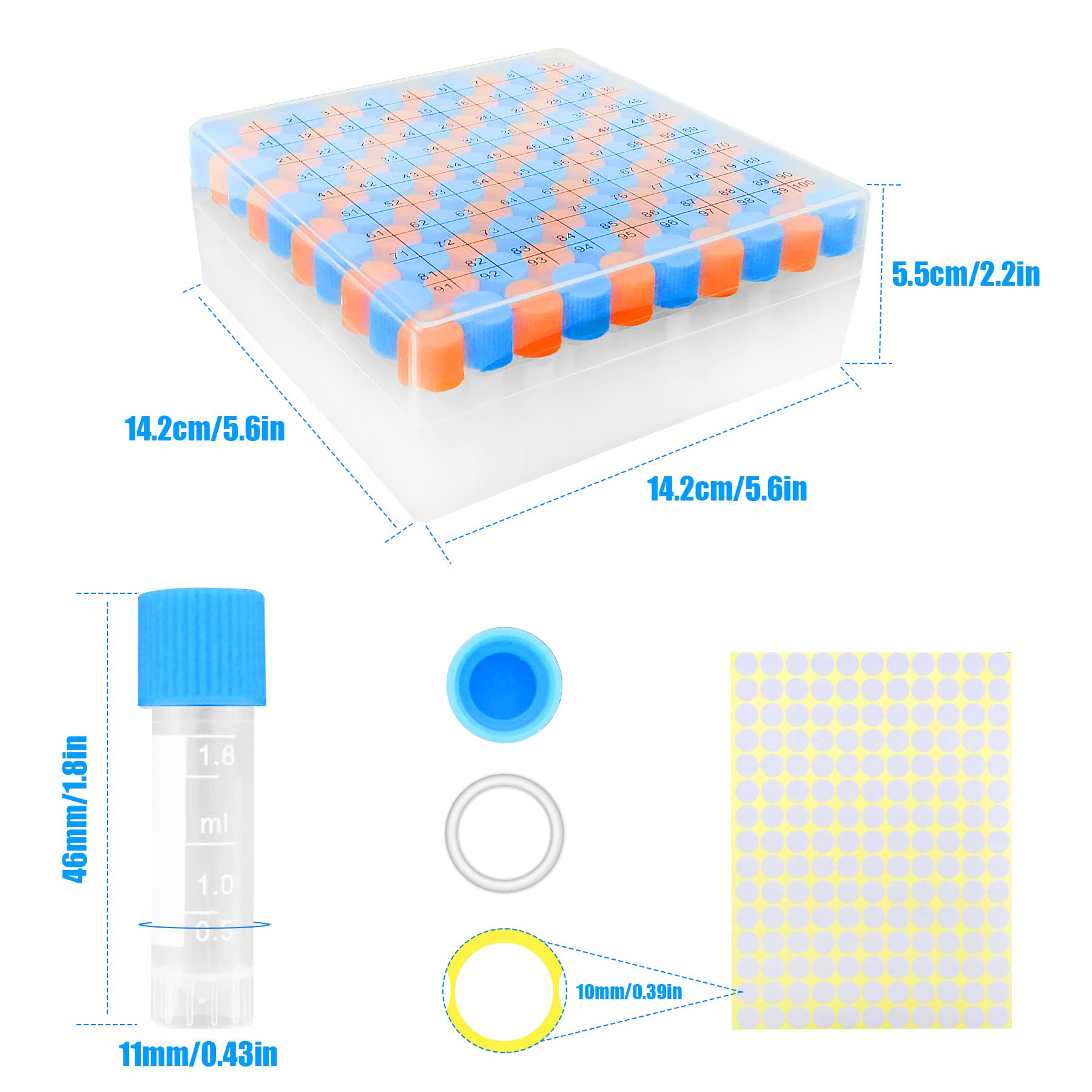 100Pcs 2ml Cryo Tubes Plastic Small Vials with Screw Caps Graduated Plastic Cryovial Cryogenic Vial Tubes, PP Material, Free from DNase, RNase, Human DNA