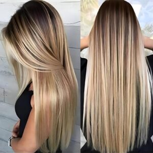 JOUKAYEA Long Ombre Brown Blonde Wig for White Black Women, Synthetic Straight Highlight Dirty Blond Wig with Dark Roots, Golden Hispanic Ladies Realistic Natural Looking Hair Replacement Wigs