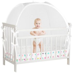 giggling star crib tent to keep baby from climbing out, pack n play tent with toy pouch, breathable & see-through, keeps cats out, protects from mosquito biting, safe crib net to keep baby in