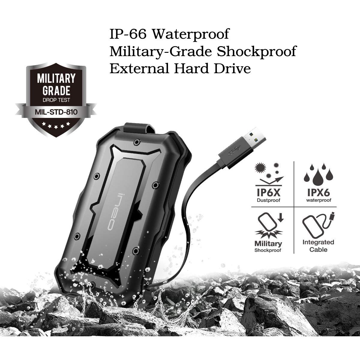 APRIME ineo USB 3.0 Rugged External Hard Drive Drop Tested & IP66 Waterproof (1TB, Rugged, Black)