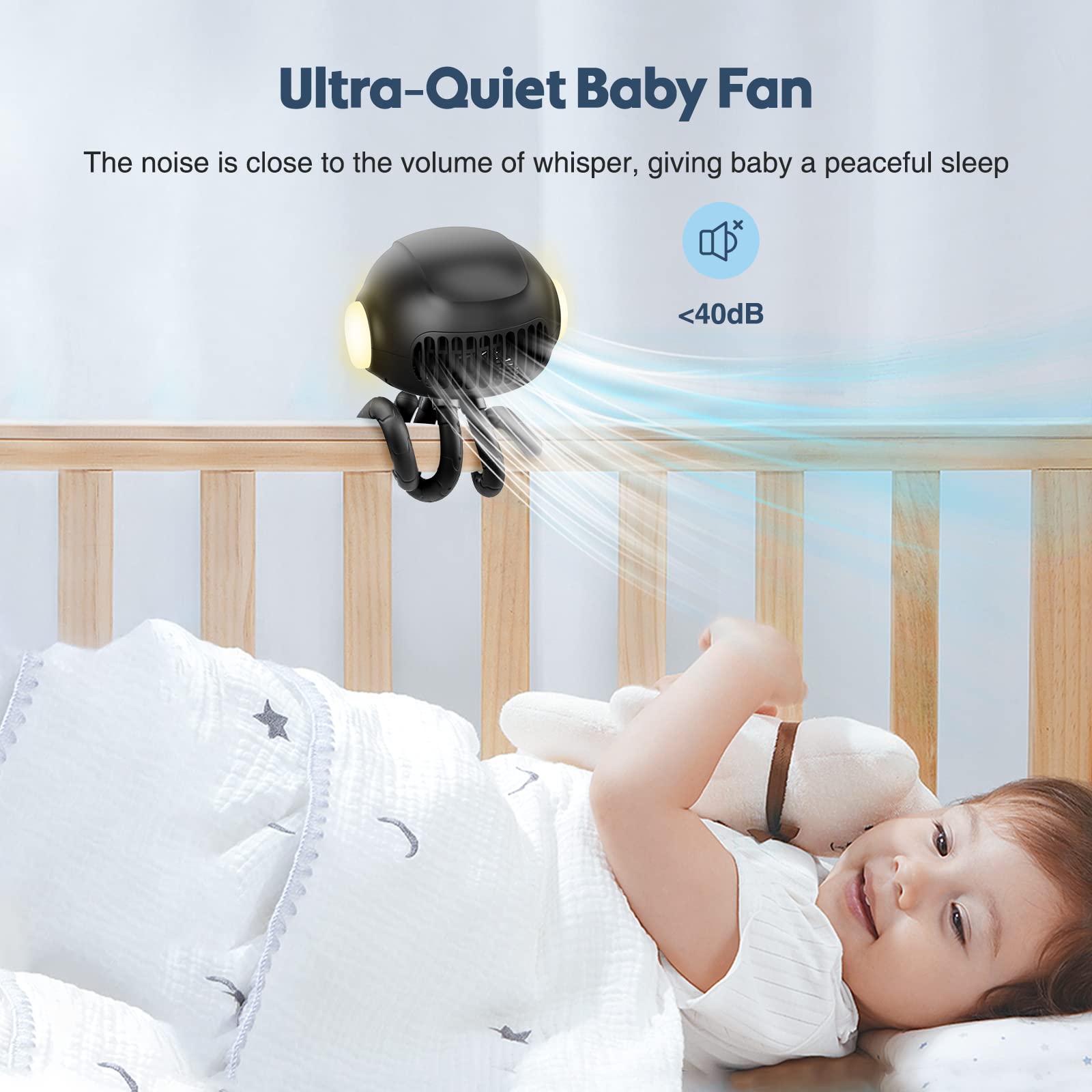 QENSPE Portable Stroller Fan with Flexible Tripod, Rechargeable Baby Fan for Stroller Car Seat Fan, 3 Speed Clip on Fan with Night Lights, USB and Battery Operated Small Fan for Indoor Outdoor