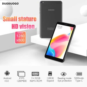 DUODUOGO Tablet with Keyboard, 2 in 1 Tablet Android 8 inch Quad Core 3GB RAM + 32GB ROM, 128GB Expandable, WiFi, HD IPS Display, Android 10, Dual Camera, 5000mAh, Bluetooth, GPS