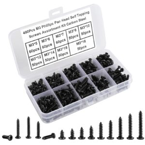 hantof m3 pan head small wood screws assortment fasteners kit 480pcs, 9 types 3mm diameter phillips drive round head self-tapping screws for plastic, wood and soft metal. black oxide carbon steel