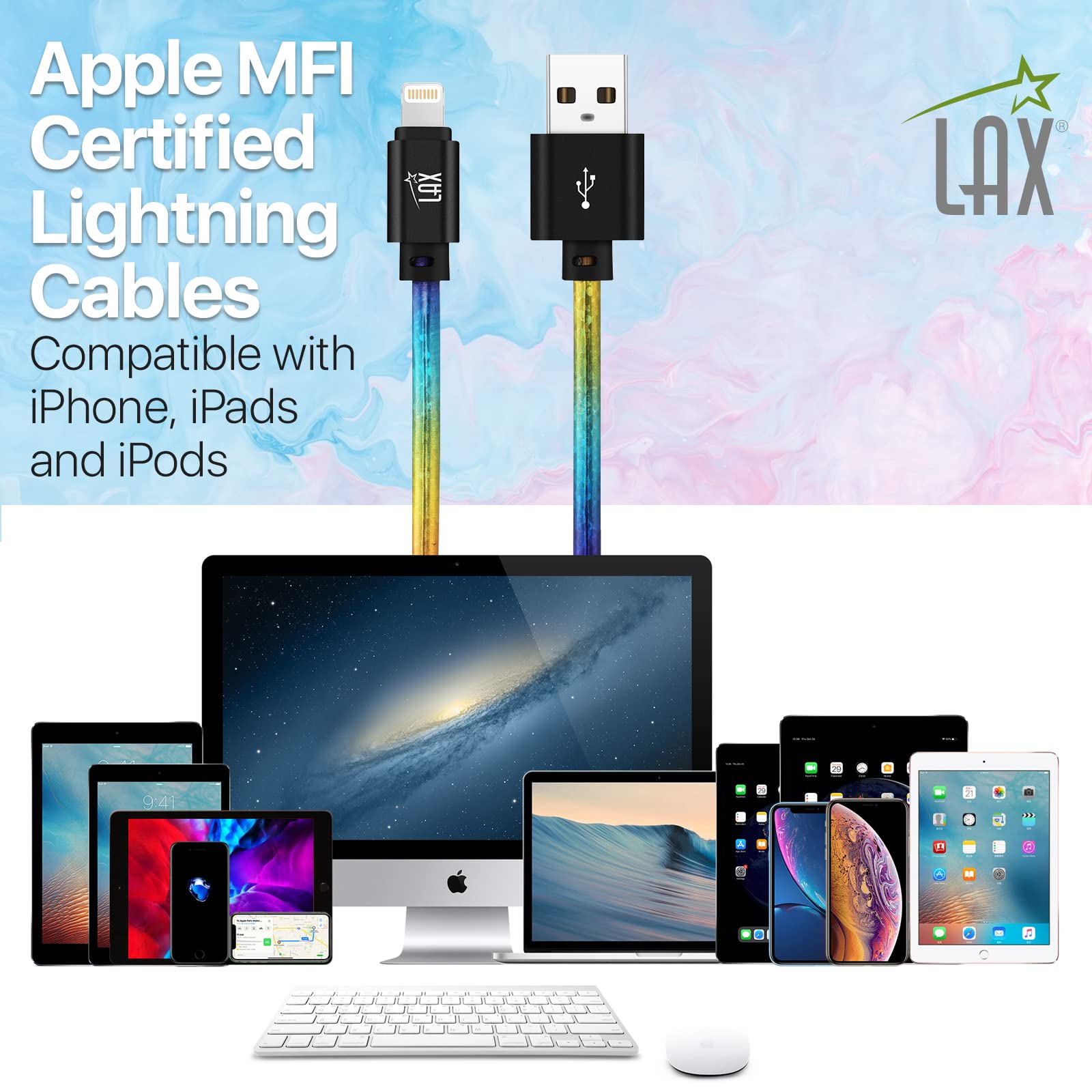 LAX [Apple MFi Certified] Fast Charger iPhone Lightning Cable, iPhone Cord Compatible with iPhone 14/13 /12/11 Pro Max/XS MAX/XR/XS/X/8/7 /6S /6 /SE /5S /iPad, iPod & More - (10FT-Rainbow)