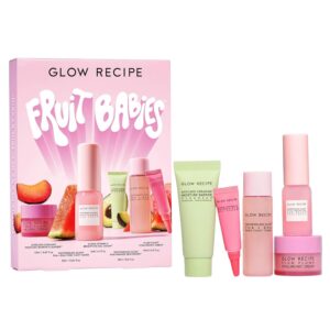 glow recipe fruit babies skincare kit - gift set with retinol eye cream, oil free face moisturizer, bha pha facial toner, hyaluronic acid serum & niaciniamide dew drops serum