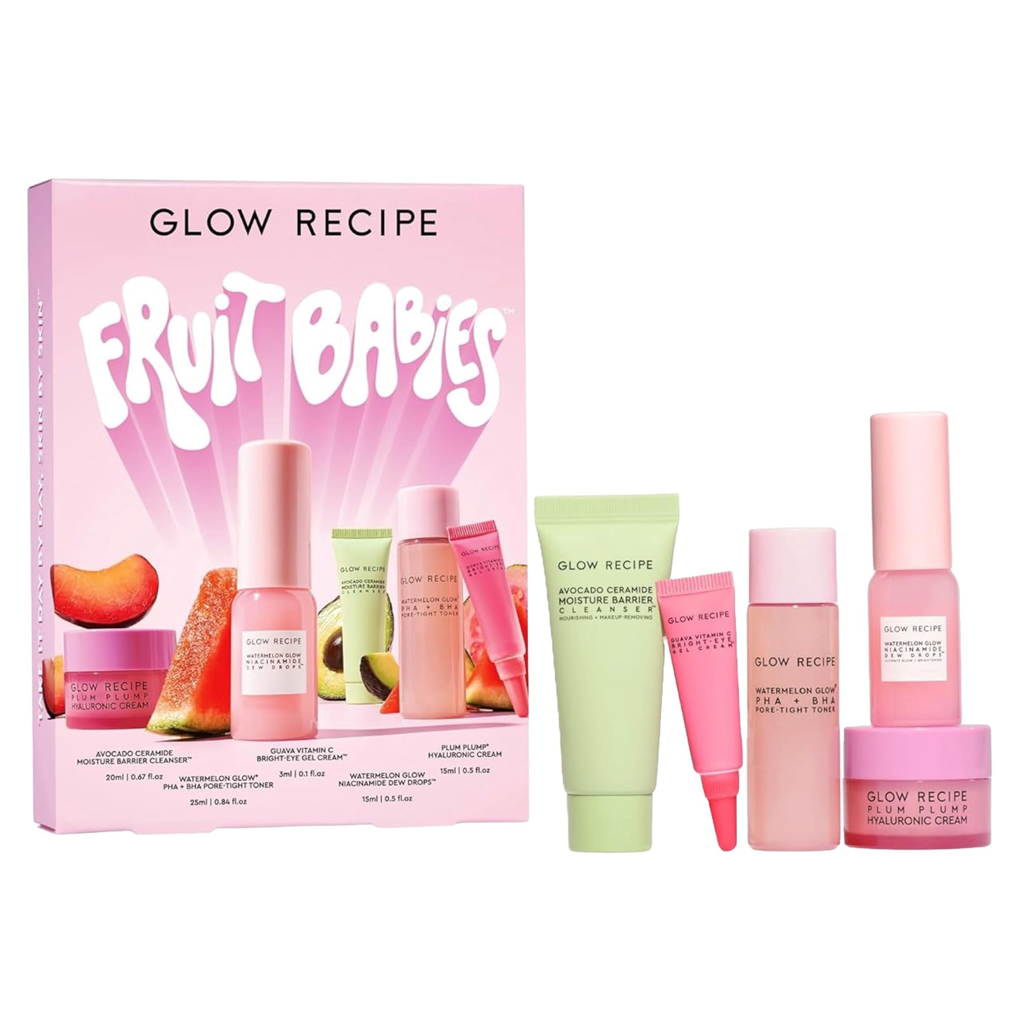 Glow Recipe Fruit Babies Skincare Kit - Gift Set with Retinol Eye Cream, Oil Free Face Moisturizer, BHA PHA Facial Toner, Hyaluronic Acid Serum & Niaciniamide Dew Drops Serum