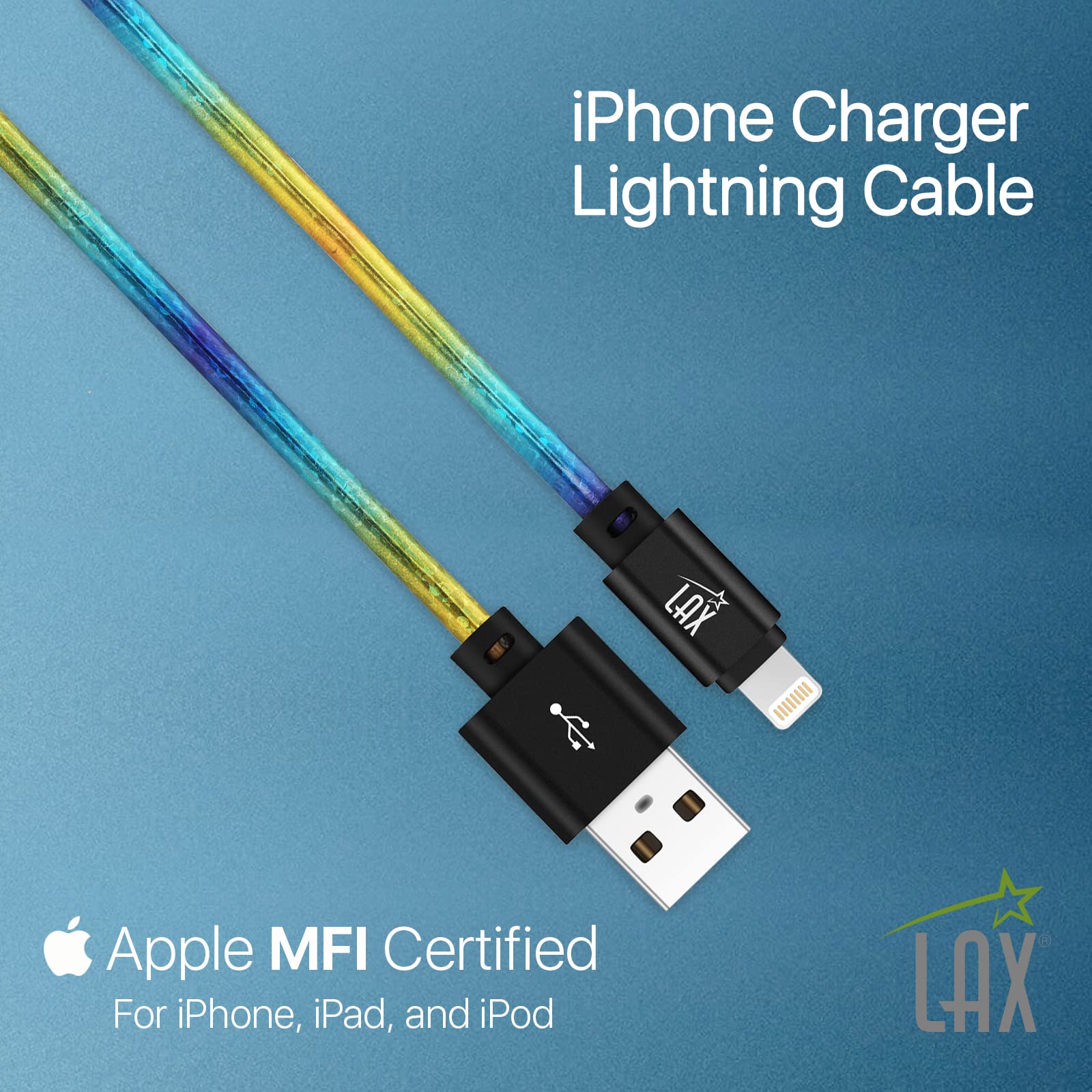 LAX [Apple MFi Certified] Fast Charger iPhone Lightning Cable, iPhone Cord Compatible with iPhone 14/13 /12/11 Pro Max/XS MAX/XR/XS/X/8/7 /6S /6 /SE /5S /iPad, iPod & More - (10FT-Rainbow)