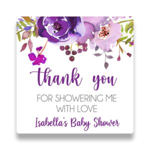 personalized purple & lavender floral baby shower favor stickers | set of 20 square baby shower thank you labels (fl138)