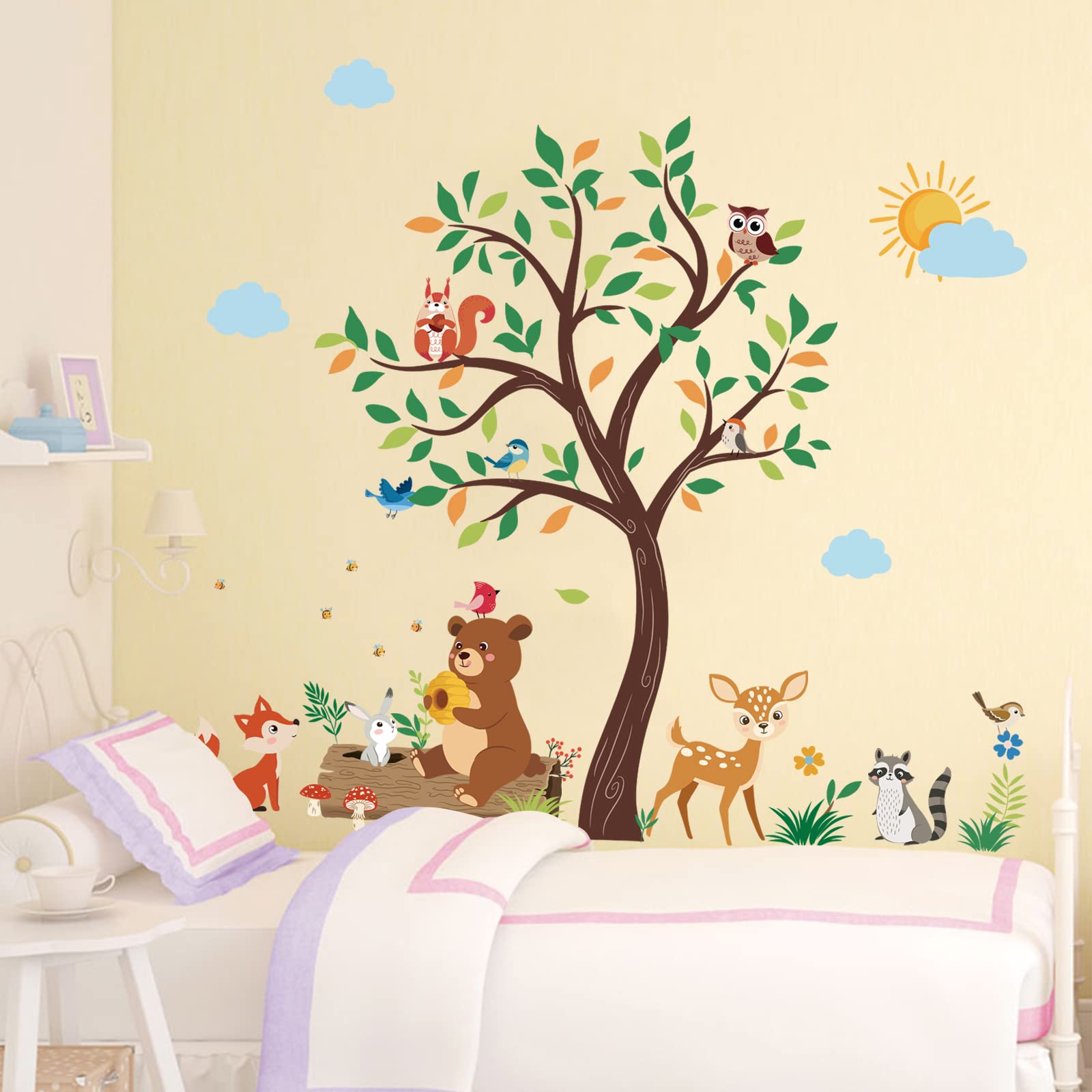 wondever Forest Animals Tree Wall Stickers Bear Deer Peel and Stick Wall Art Decals for Baby Nursery Kids Bedroom Playroom