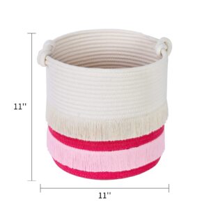 3 Pack 11inch Cotton Rope Baskets with Handles, Storage Cubes, Boho Decor, Woven Basket, Organization and Storage for Toys, Book, Cloth