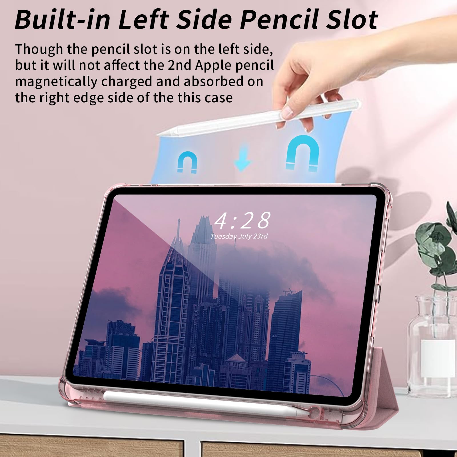 Kenke New iPad Pro 11 Inch Case 4th/3rd/2nd/1st Generation 2022/2021/2020/2018 Support 2nd Pencil Charge with Built-in Left Side Pencil Holder, Hard Frosted Back Cover & Colored Edge (Pink)