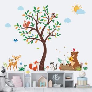 wondever forest animals tree wall stickers bear deer peel and stick wall art decals for baby nursery kids bedroom playroom