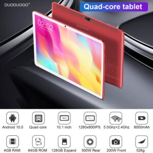 DUODUOGO Android Tablet 10 inch Newest Quad Core Processor, 64GB ROM + 4GB RAM, 128GB Expandable, 5G Dual WiFi, Android 10 Tablet, Dual Camera, 6000mAh, Bluetooth, GPS (Red)