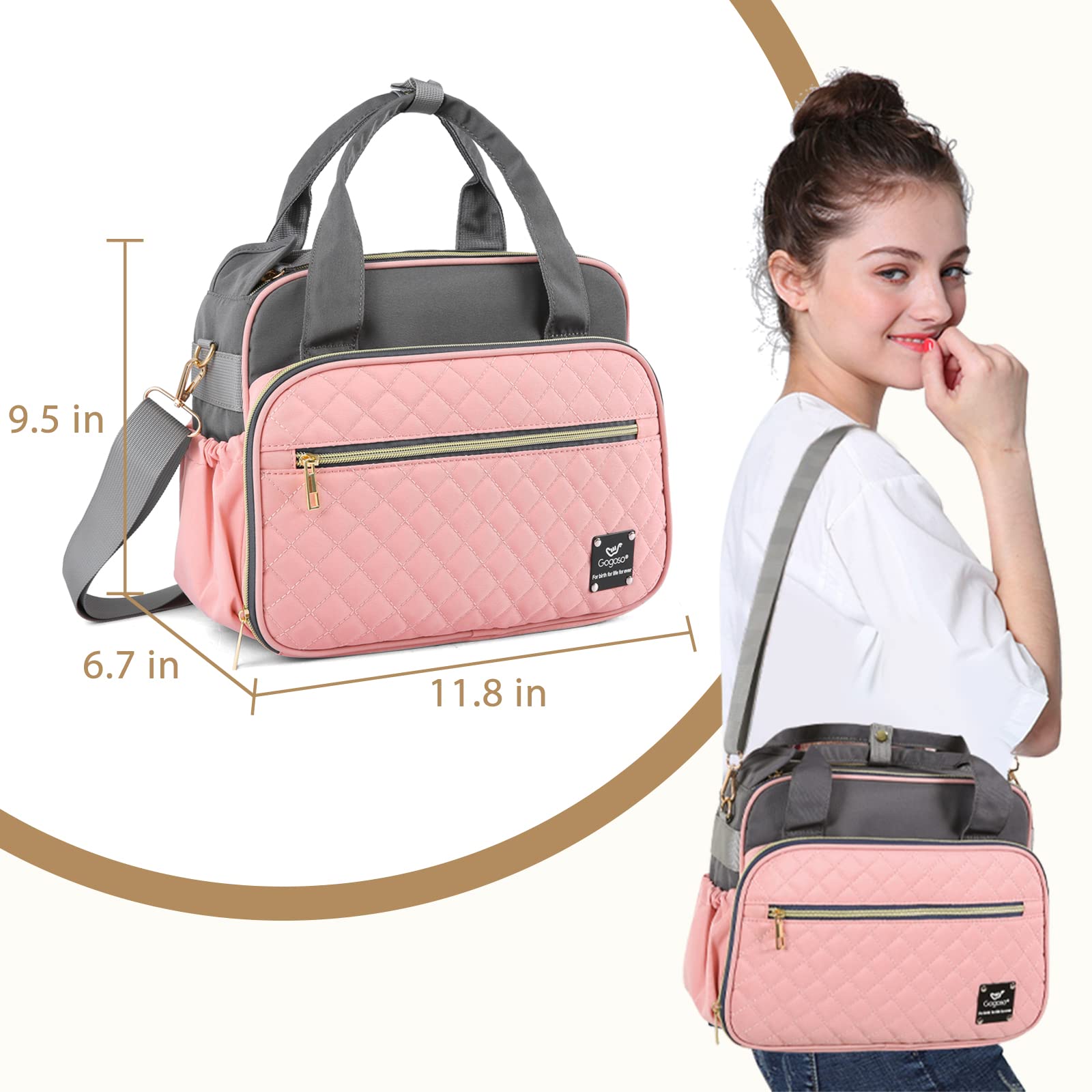 Crossbody Small Diaper Bag, Cute Mini Baby Diaper Tote Bags with Insulated Pockets for Traveling Outdoor Parent, Pink & Gray