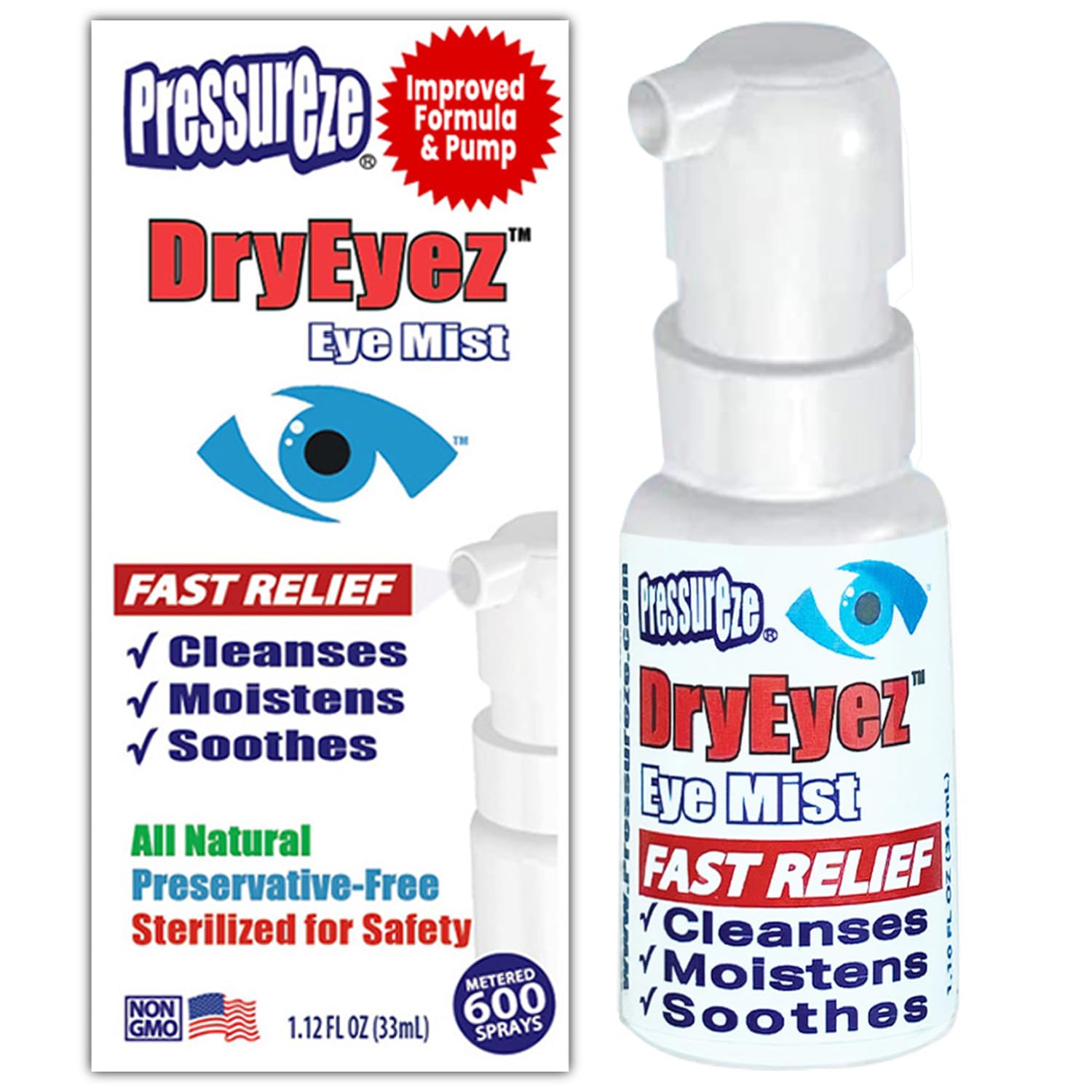 Pressureze DryEyez Natural Eye Relief for Sensitive Eyes. Dry Eyes, Sore Eyes, Irritated Eyes, Preservative-Free, Sterile. Cleanses, Moistens, Soothes 33ml, Made in USA (Pack of 1)