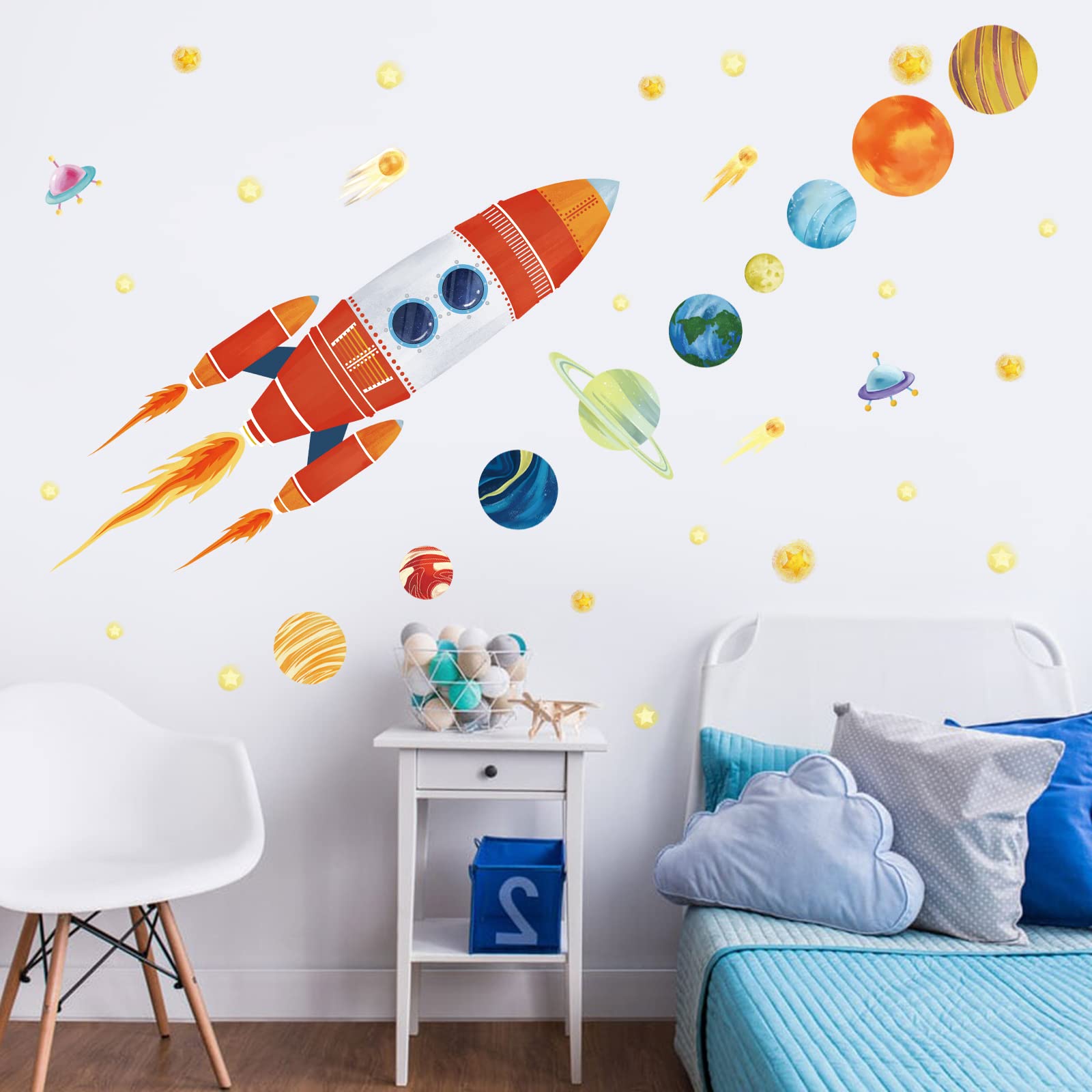 wondever Rocket Wall Stickers Outer Space Planets Peel and Stick Wall Art Decals for Baby Nursery Kids Bedroom Playroom (H:40 inches)