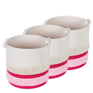 3 pack 11inch cotton rope baskets with handles, storage cubes, boho decor, woven basket, organization and storage for toys, book, cloth